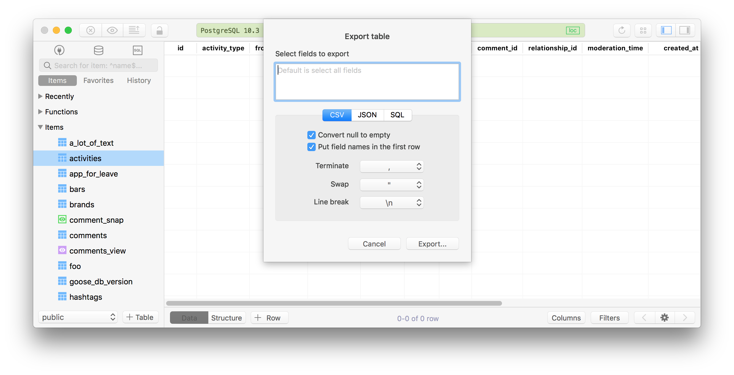 PostgreSQL - How to Export Table to CSV file with header? | TablePlus